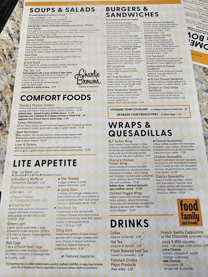 The menu reads like a love letter to American comfort food classics. Each laminated page holds the promise of satisfaction without pretension.