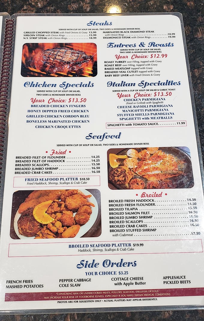 The menu reads like a love letter to American classics—steaks, seafood, and Italian specialties that promise satisfaction without pretension.