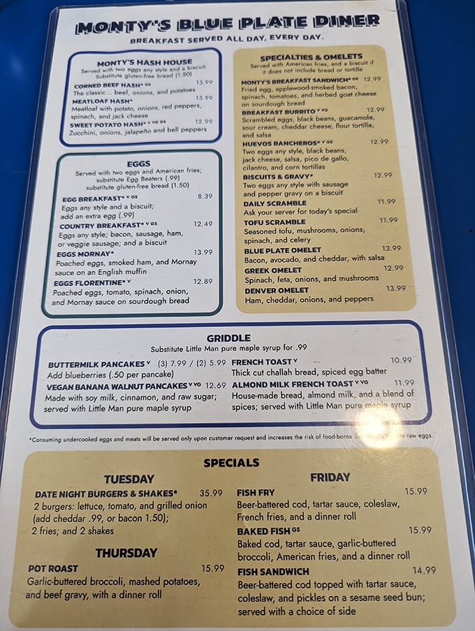 This isn't just a menu—it's a roadmap to happiness. The meatloaf hash alone has probably prevented several cases of seasonal depression in Wisconsin.