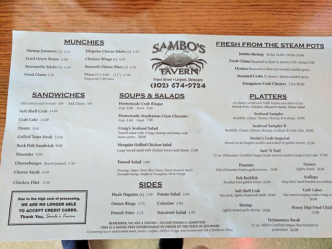 The menu tells the whole story – a seafood lover's roadmap to happiness, with "Fresh From The Steam Pots" being the promised land.