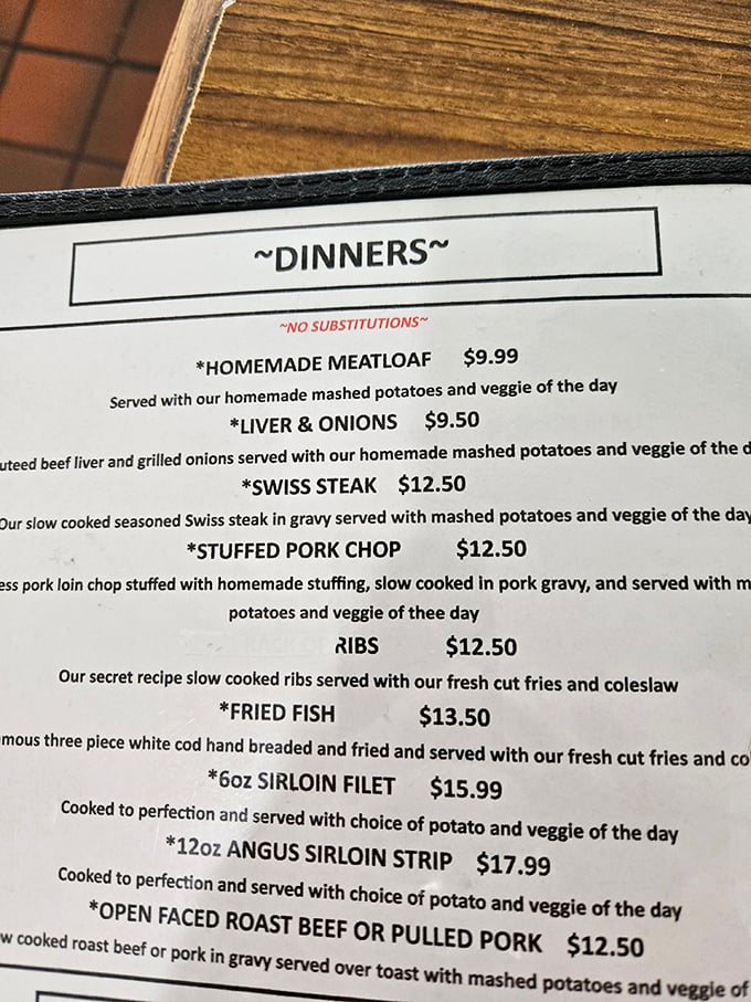 The menu reads like a comfort food manifesto – homemade meatloaf, liver and onions, and Swiss steak that would make grandma jealous.