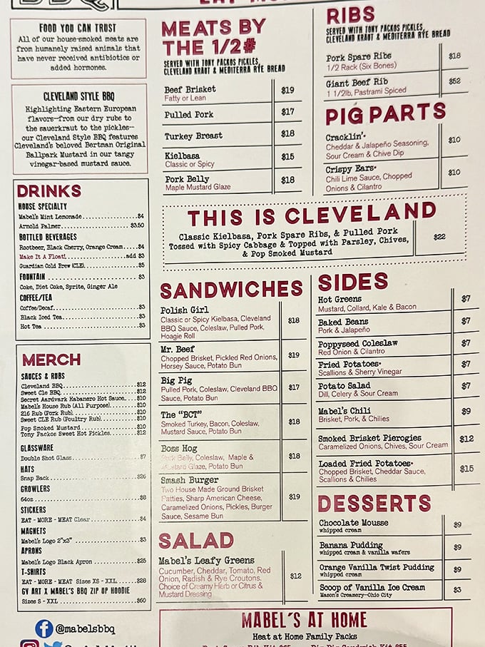 This isn't just a menu—it's a declaration of Cleveland's barbecue independence, complete with Eastern European influences that would make your Polish grandmother nod in approval.
