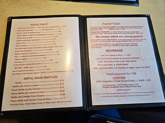 The menu reads like a love letter to breakfast classics. Those "Awful Good Waffles" aren't being modest—they're making a promise they absolutely keep. 