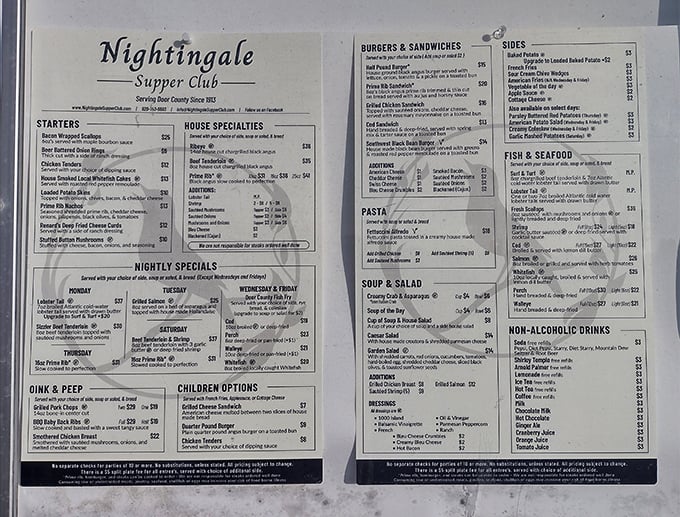 The menu reads like a love letter to Wisconsin supper club traditions – a roadmap to delicious decisions you'll be talking about tomorrow.