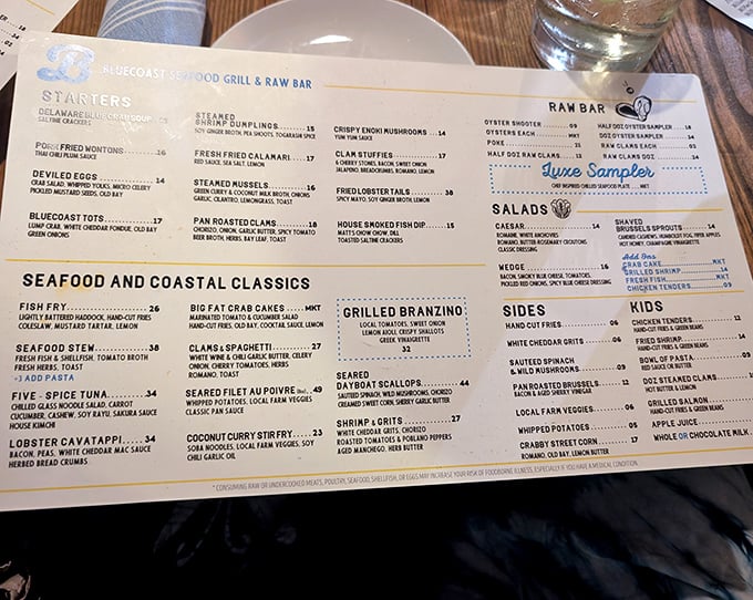 The menu reads like a love letter to the sea – each item promising a delicious maritime adventure.
