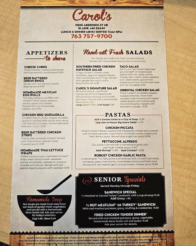 A menu that reads like a love letter to comfort food classics. Those homemade Nova Scotia rolls alone are worth the drive to Blaine.