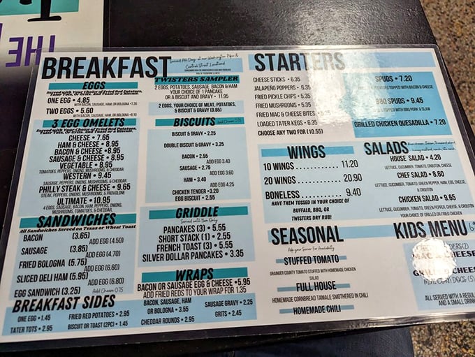 This menu isn't just a list of food—it's a roadmap to happiness with breakfast served all day, because pancakes at 4pm is freedom.