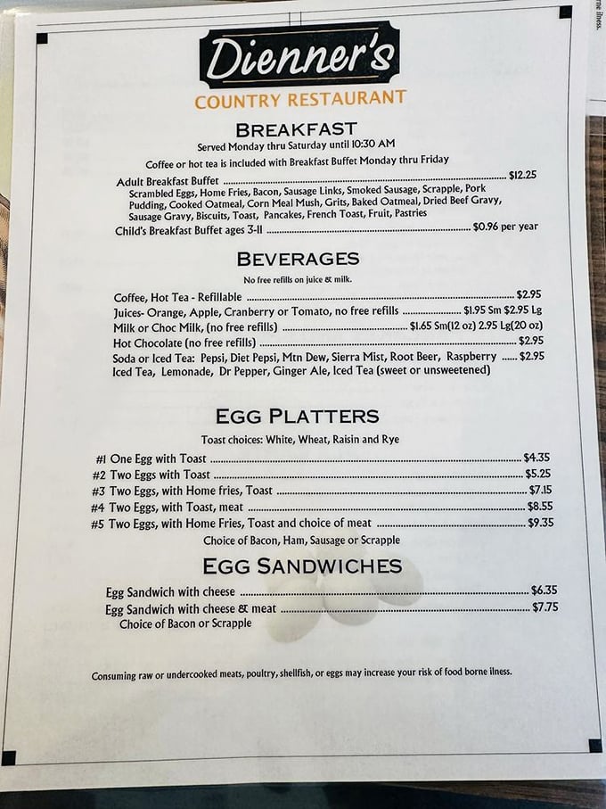 This menu reads like a love letter to breakfast classics. No avocado toast here—just timeless morning favorites that never needed improving.