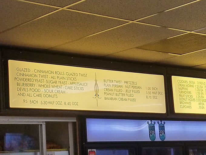 No fancy font or pretentious descriptions needed—just honest names of donuts that have been perfecting happiness since the Kennedy administration.