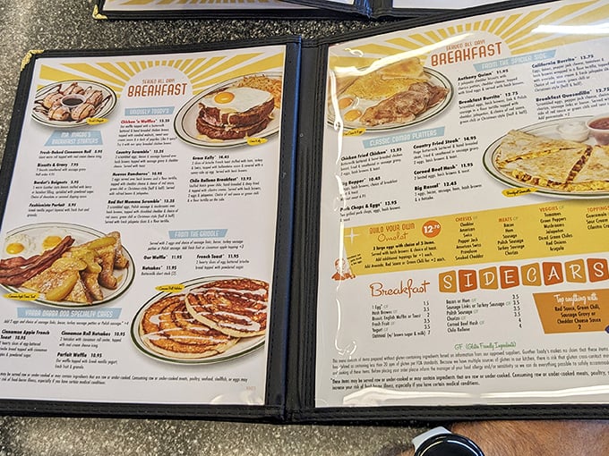 This isn't just a menu—it's a roadmap to happiness. Each glossy photo is like a little window into your immediate future, and that future involves maple syrup.