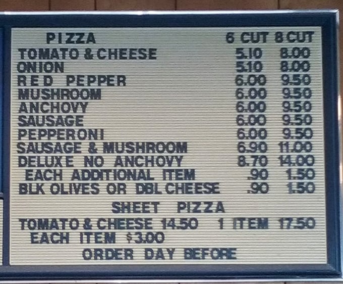 This no-nonsense menu board is a beautiful relic from simpler times, when pizza toppings fit on one sign and nobody needed a dictionary to order lunch.
