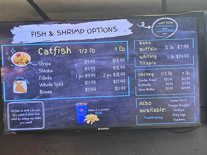 The menu board tells the delicious story – catfish reigns supreme, but the supporting cast of seafood options deserves equal billing in this Kansas culinary drama.