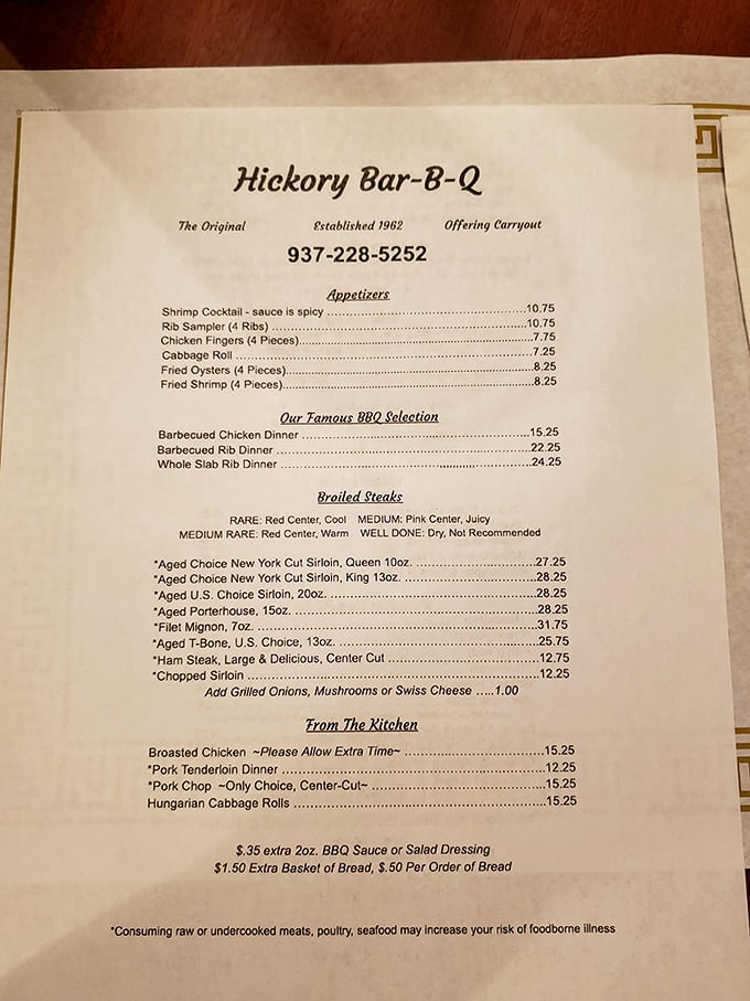 The menu speaks volumes in its simplicity—no fancy descriptions needed when you've perfected classics like barbecued chicken and aged steaks.