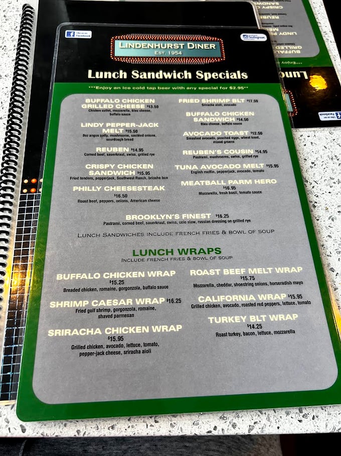 The menu at Lindenhurst Diner isn't just extensive—it's a spiral-bound epic that requires navigation skills and a hearty appetite.