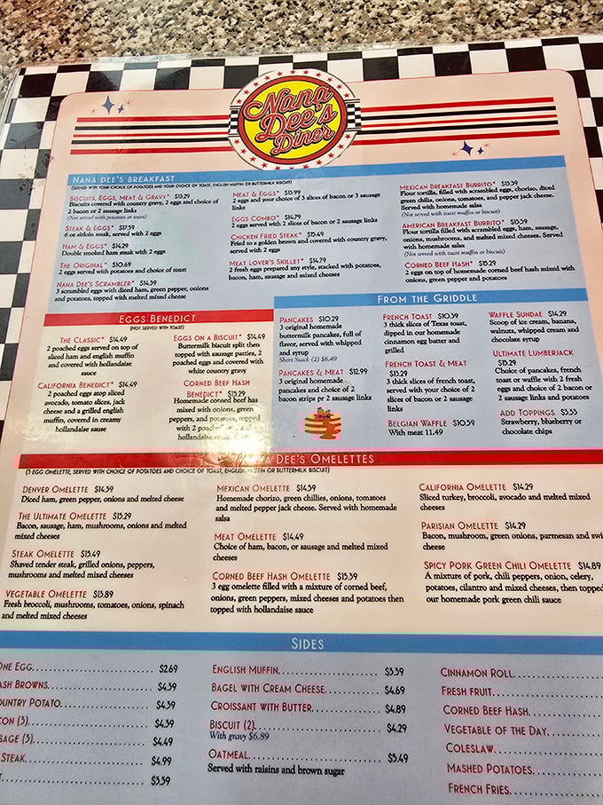 A menu that reads like comfort food poetry. Each description promises the kind of breakfast that makes you cancel your lunch plans.