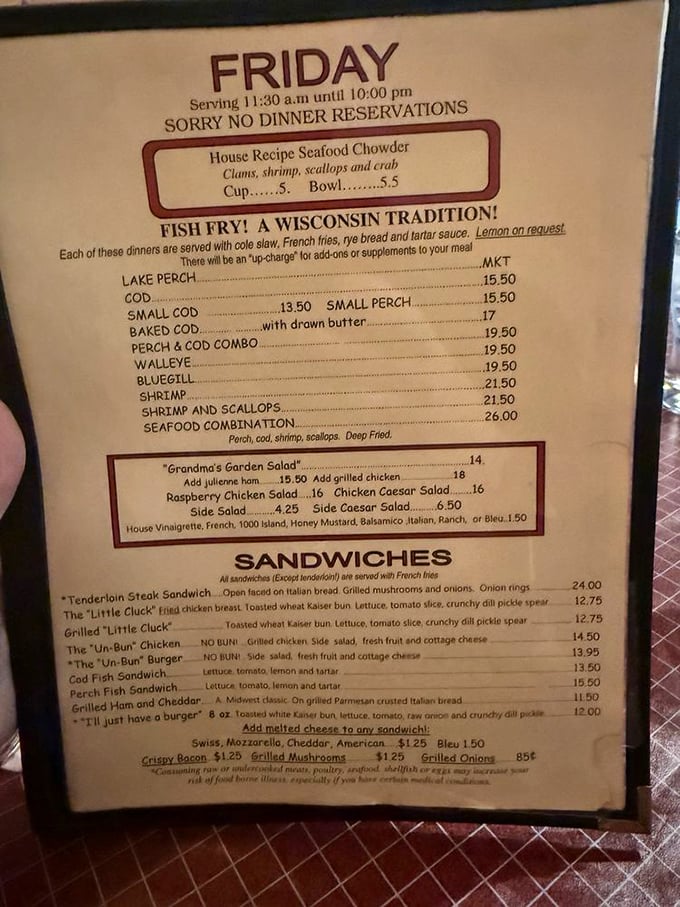 The menu reads like a love letter to Wisconsin's Friday night tradition—fish fry with all the fixings and not an ounce of pretension.