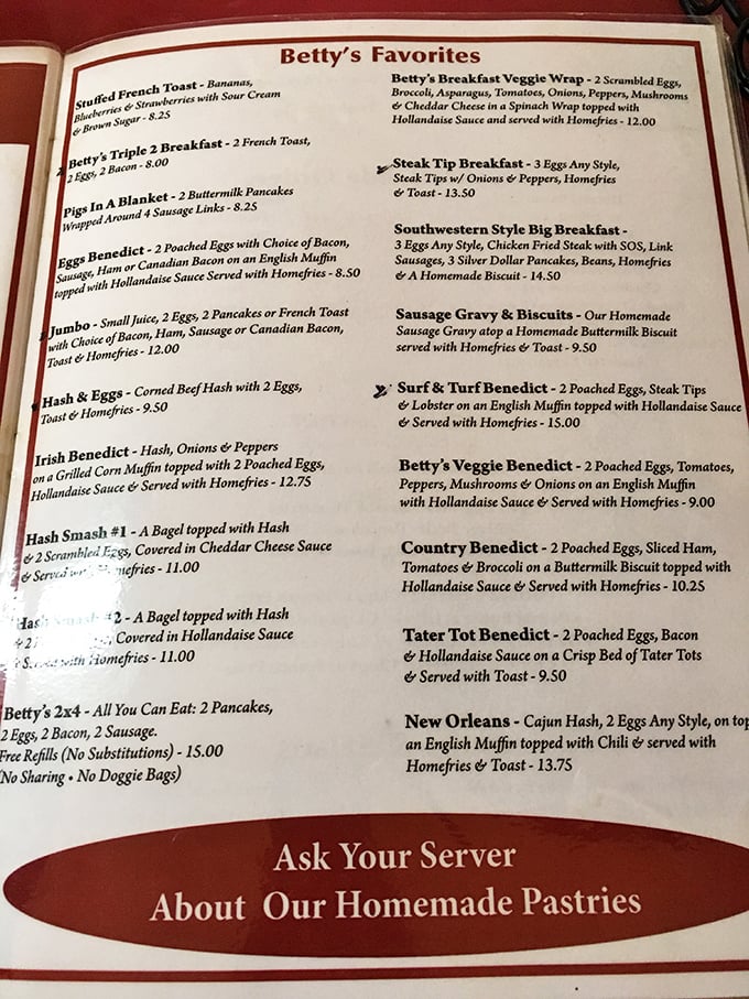 Betty's menu reads like a love letter to breakfast classics. Notice how "Homemade" appears more often than in your grandmother's recipe box.