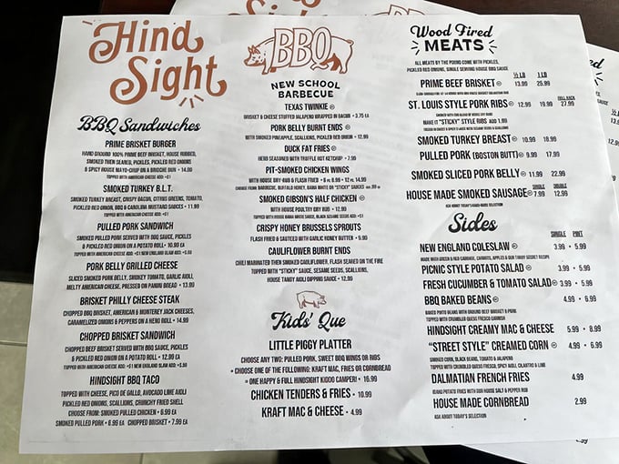 This menu isn't just a list—it's a roadmap to happiness. Each item represents hours of smoky dedication and culinary craftsmanship.