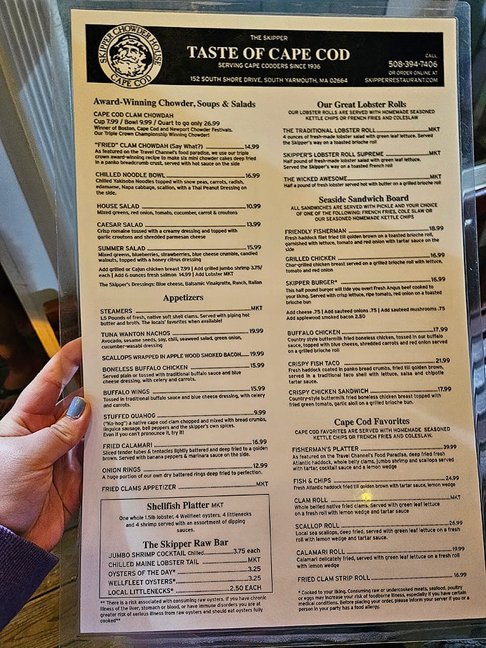 The menu that launched a thousand seafood cravings. Notice how "Award-Winning Chowder" gets top billing—they know their strengths!