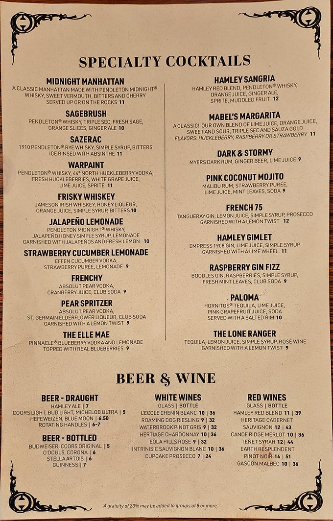 The cocktail menu reads like a love letter to the West – Midnight Manhattan, Sagebrush, and Warpaint drinks that pack as much character as the saloon itself.