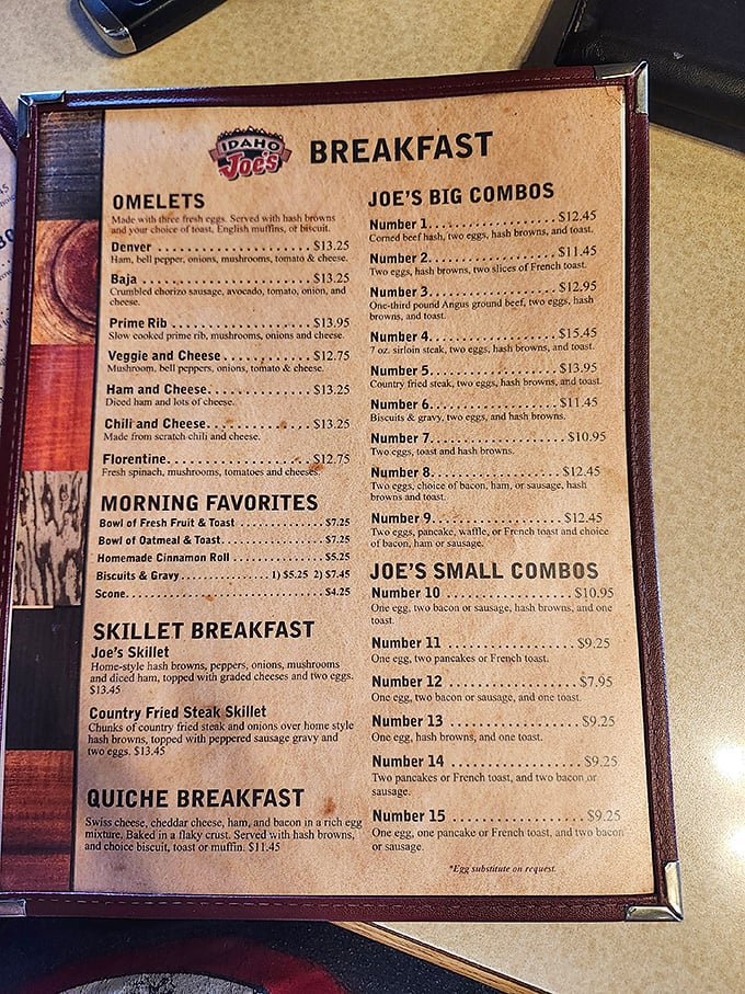 This breakfast menu isn't just a list of food – it's a manifesto declaring war on hunger with weapons of mass satisfaction.