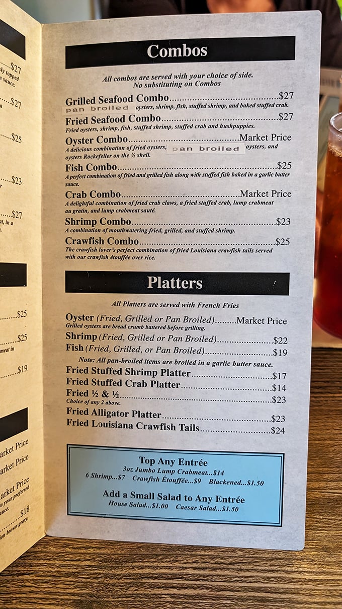 This menu isn't just a list of dishes – it's a love letter to the Gulf, written in the language of seafood combos and platters that make decision-making deliciously difficult.