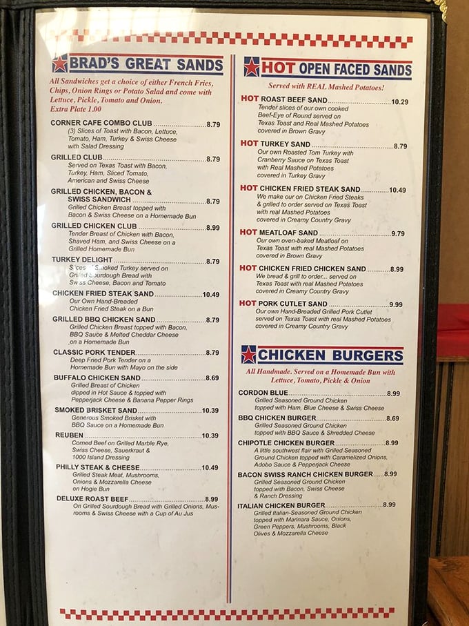 The menu reads like a love letter to American comfort food—where "Brad's Great Sands" aren't beaches, but sandwiches requiring both hands and possibly a strategy session.