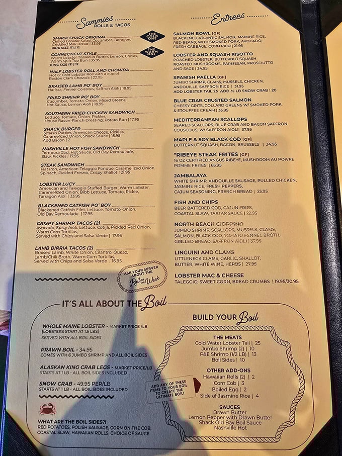 This menu isn't just a list of dishes—it's a maritime treasure map where "It's All About The Boil" isn't just clever marketing, it's a delicious promise.