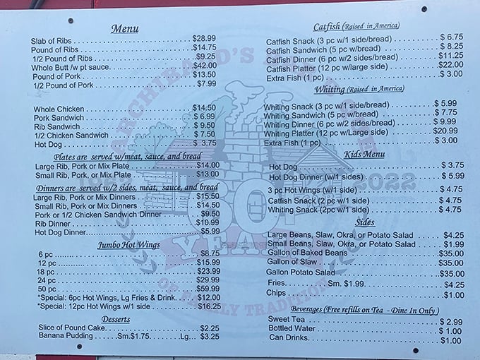 This menu offers everything from sliced pork to catfish, proving that Southern cooking covers all the bases.