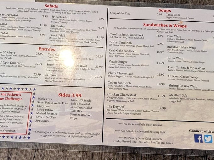 The menu reads like a declaration of deliciousness – with the Pickett's Burger Challenge standing as the culinary equivalent of charging Cemetery Ridge.