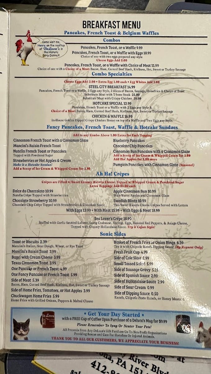 A menu that doesn't just list food—it promises happiness. The rooster cartoon saying "come visit me" is the cherry on top.