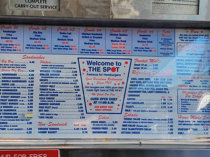 The menu board tells stories of American comfort food evolution – where "combos" still reign supreme and pie deserves its own special section.