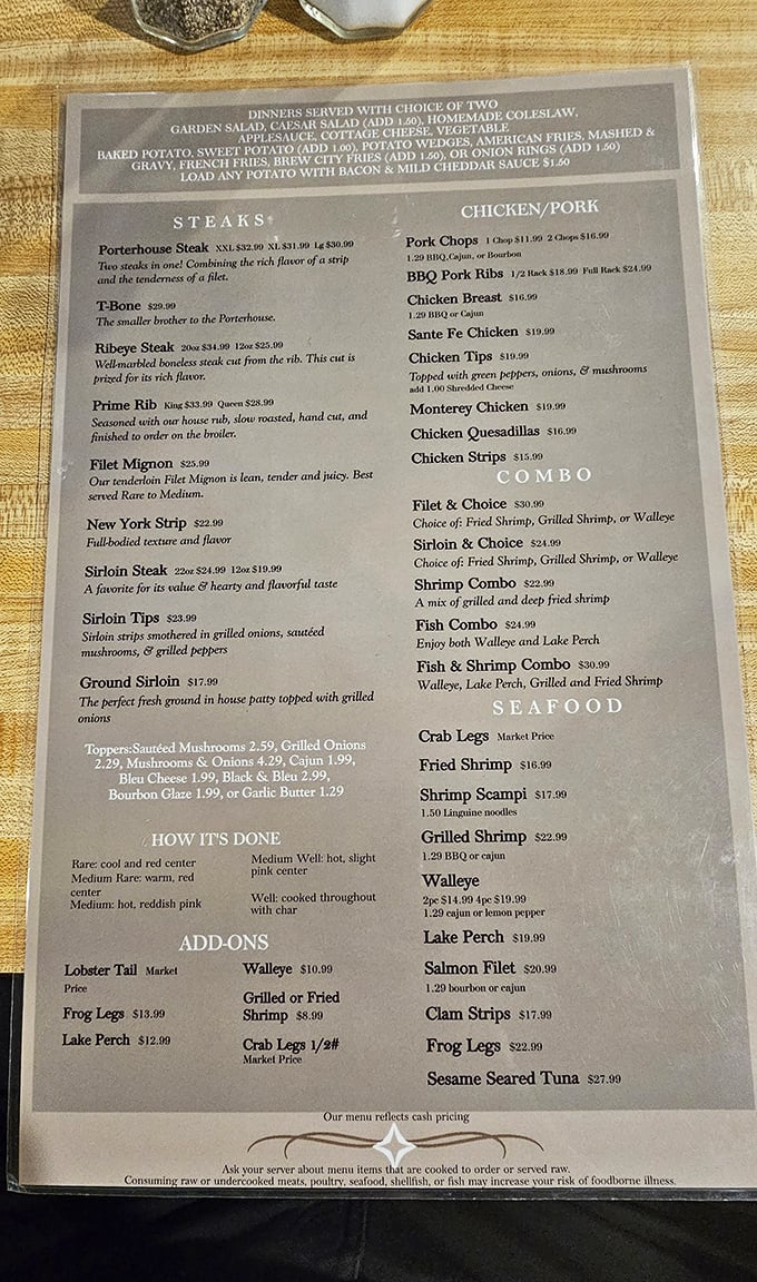 The menu reads like a carnivore's dream journal – with prime rib taking center stage as the undisputed heavyweight champion.
