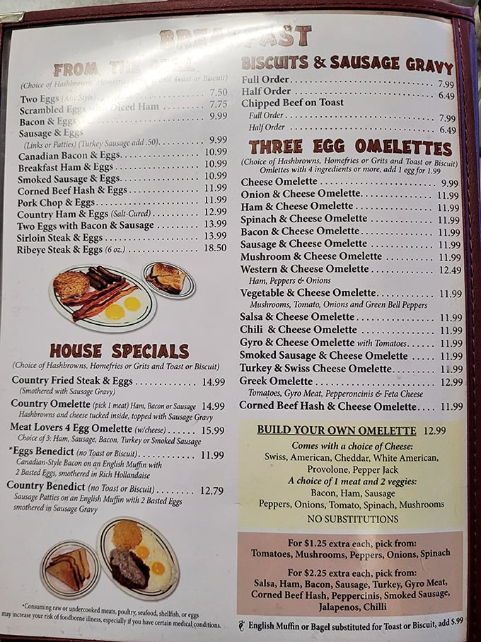 This isn't just a menu—it's a roadmap to happiness. The breakfast section alone could solve most of life's problems.