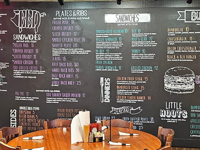 The chalkboard menu – a poetic manifesto of meat. Each handwritten item represents hours of smoking, seasoning, and Southern dedication.
