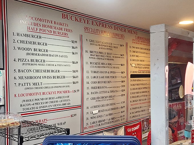 Menu board poetry: half-pound burgers, specialty subs, and comfort food classics that would make your cardiologist wince and your taste buds applaud.