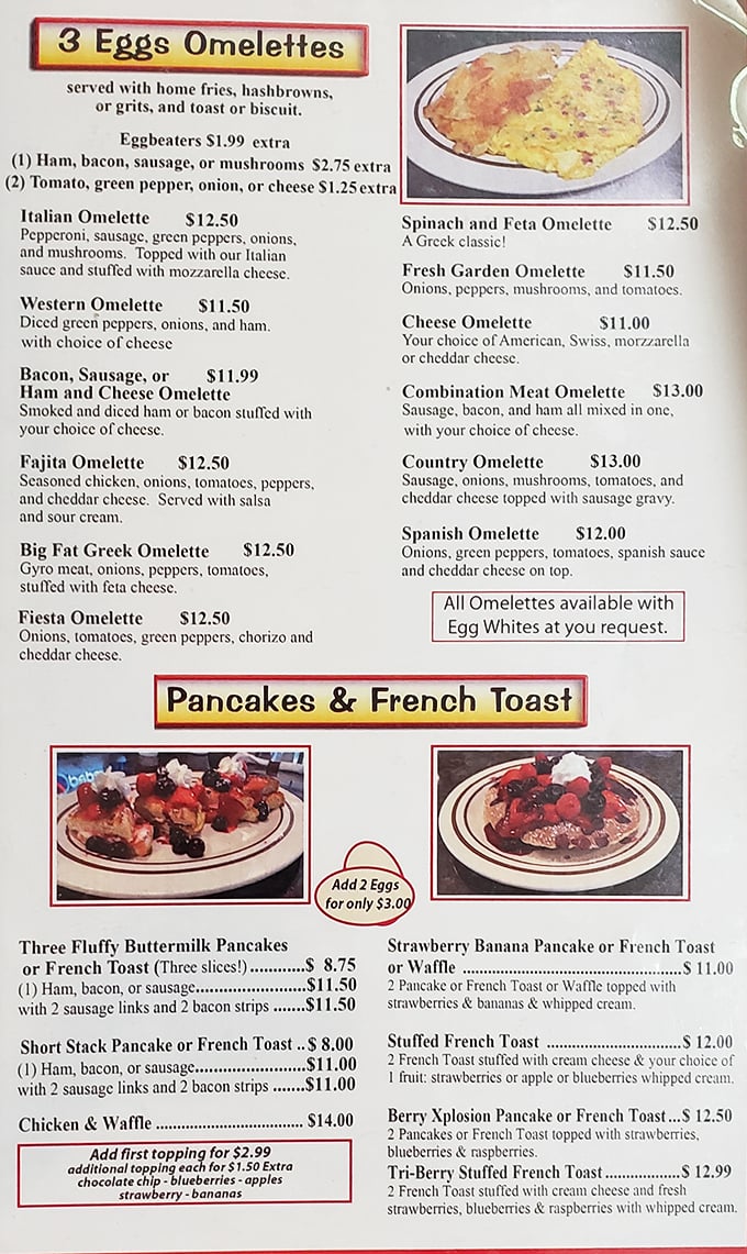 This menu isn't just a list of food—it's a roadmap to happiness. The "Big Fat Greek Omelet" isn't judging you; it's inviting you.