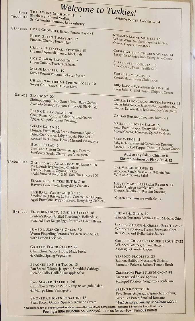 The menu at "Tuskies" reads like a love letter to regional cuisine, with each dish promising its own delicious story.