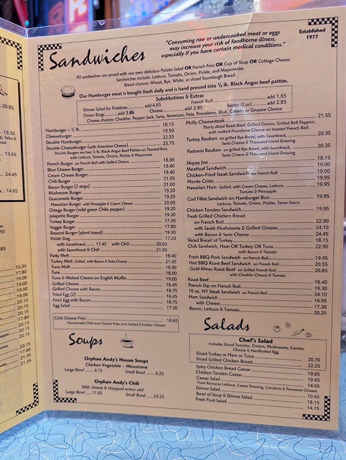 The menu at Orphan Andy's reads like a love letter to American comfort food. Decisions, decisions—all of them deliciously difficult.