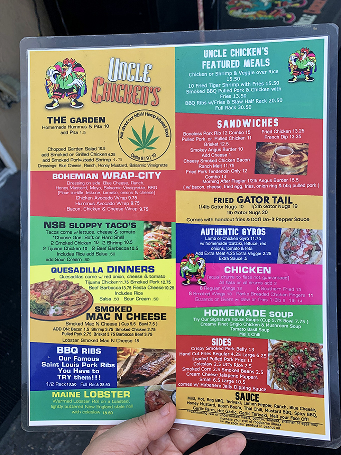 This menu isn't just extensive, it's a culinary choose-your-own-adventure book. From gyros to gator tail, it's like a United Nations of comfort food.