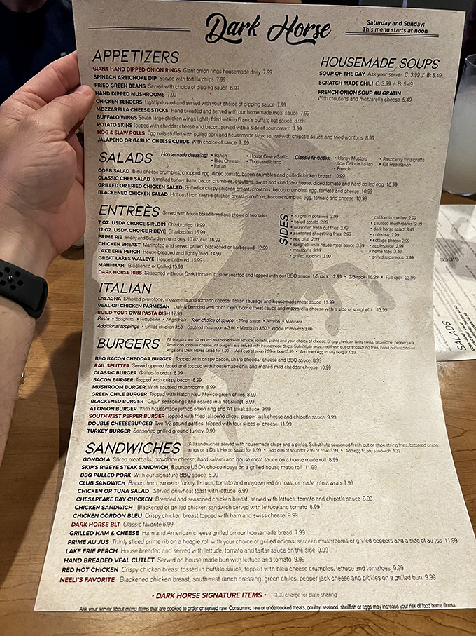 This menu isn't just a list of dishes – it's a roadmap to comfort food nirvana with prime rib as the holy grail.