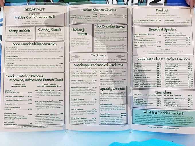 Not just a menu – it's a roadmap to happiness. The toughest decision you'll make today is choosing between shrimp and grits or that giant cinnamon roll.