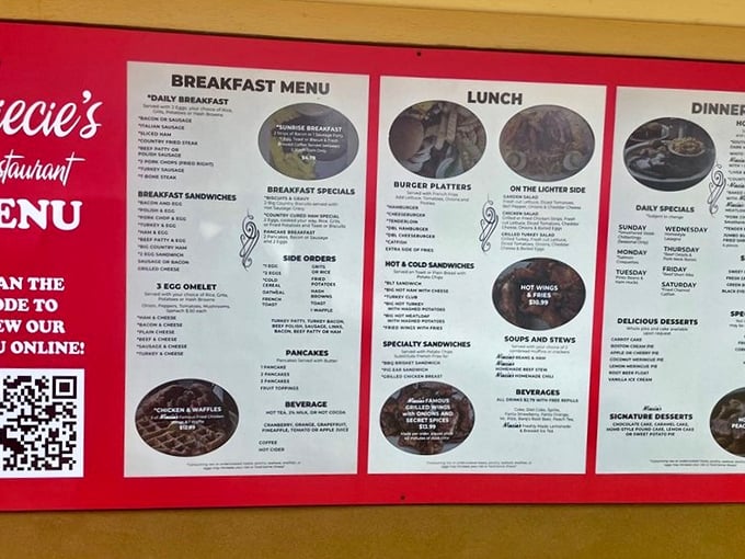This menu isn't just a list of food—it's a roadmap to happiness with breakfast served all day. Decision paralysis guaranteed!