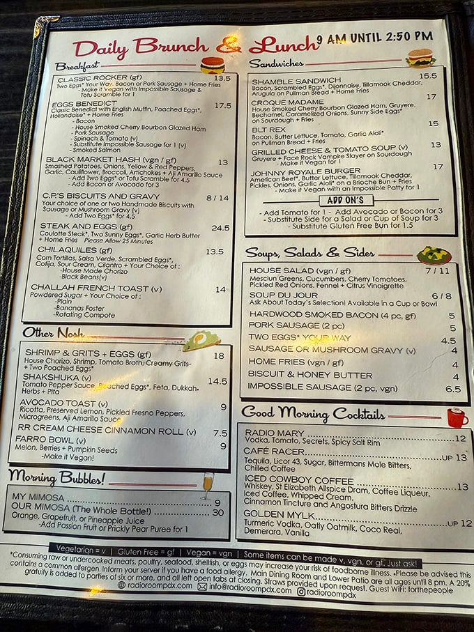 This menu isn't just a list of food—it's a treasure map where X marks the spot for those legendary biscuits and gravy.