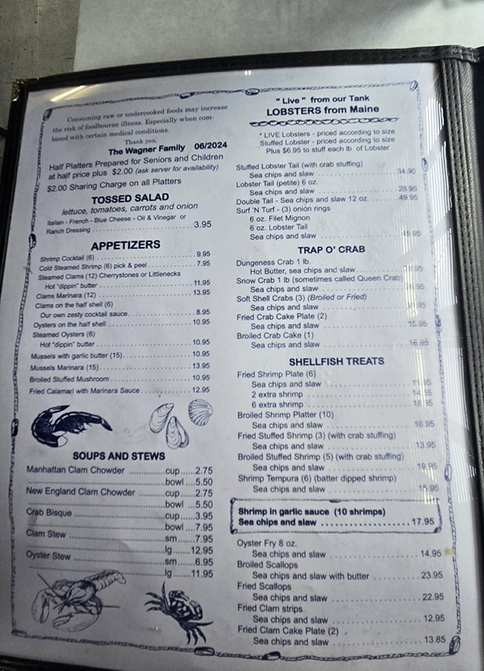 A menu that reads like poetry to seafood lovers. "Hot dippin' butter" appears so often it deserves its own area code.