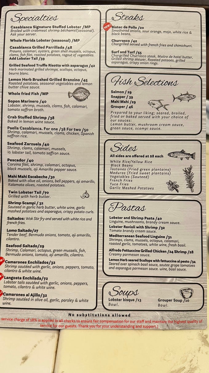 This menu isn't just a list of dishes—it's a maritime treasure map where X marks the spot for seafood nirvana.