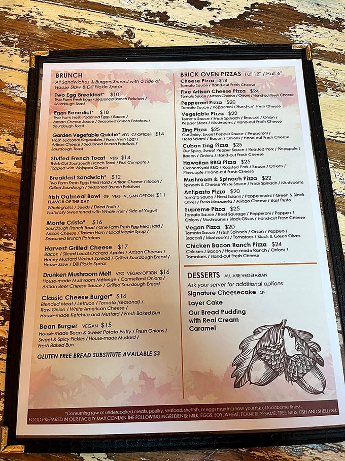 This menu isn't just a list of dishes—it's a love letter to local ingredients, with brick oven pizzas stealing the spotlight.