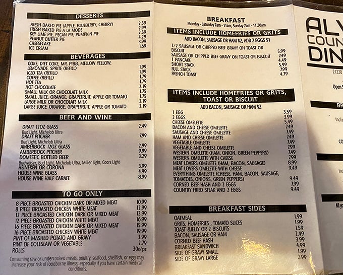 A menu that doesn't need fancy fonts or pretentious descriptions—just honest food that speaks for itself. Breakfast all day is humanity's greatest achievement.
