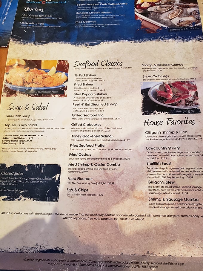 This menu isn't just a list—it's a treasure map where X marks the spot for seafood nirvana. Choose your own delicious adventure!