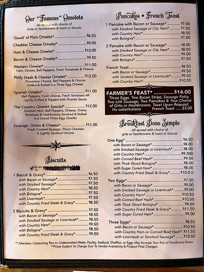 The menu reads like a love letter to breakfast classics. No molecular gastronomy here, just honest-to-goodness morning delights that won't break the bank.